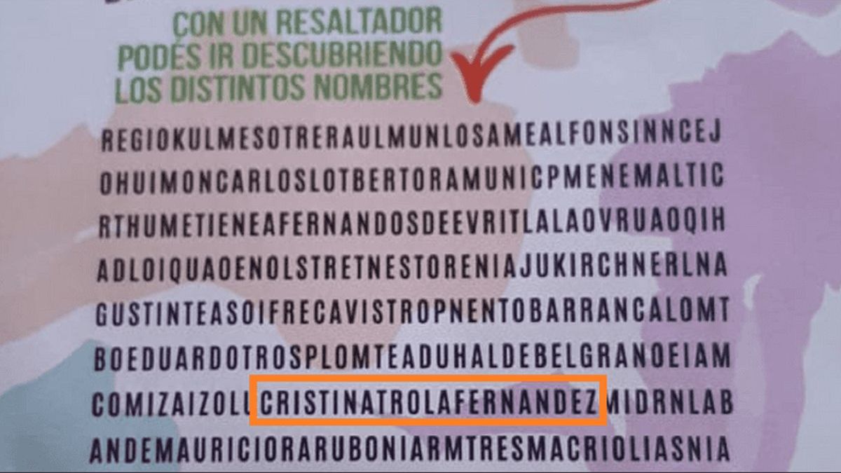 Encontraron un insulto a Cristina en una sopa de letras educativa